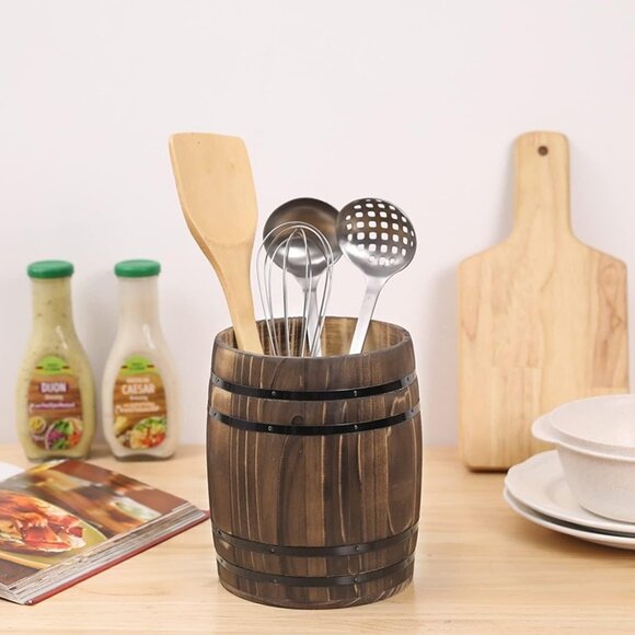 Kitchen | New Kitchen Utensil Crock Vintage Rustic Burnt Wood Cooking ...
